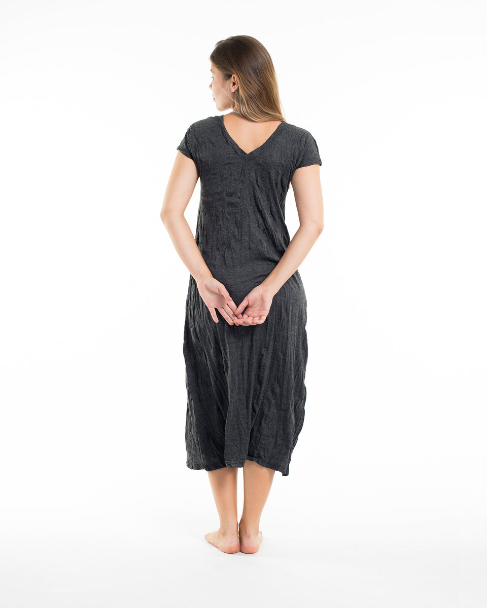 Sure Design Womens Hand of Om V Neck Long Dress in Silver on Black