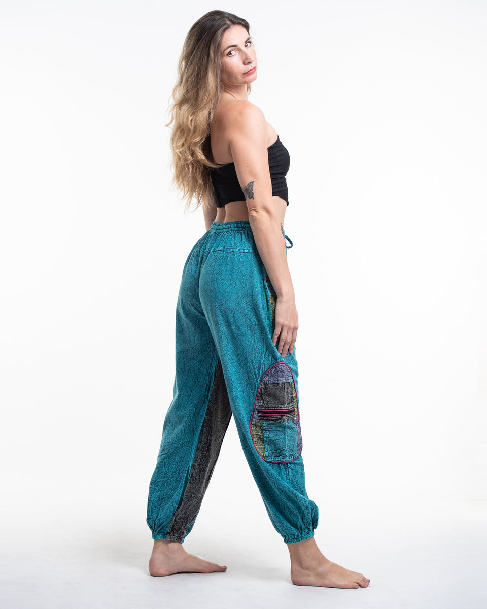 Unisex Patchwork Stone Washed Cargo Cotton Pants in Blue 01 – Sure Design