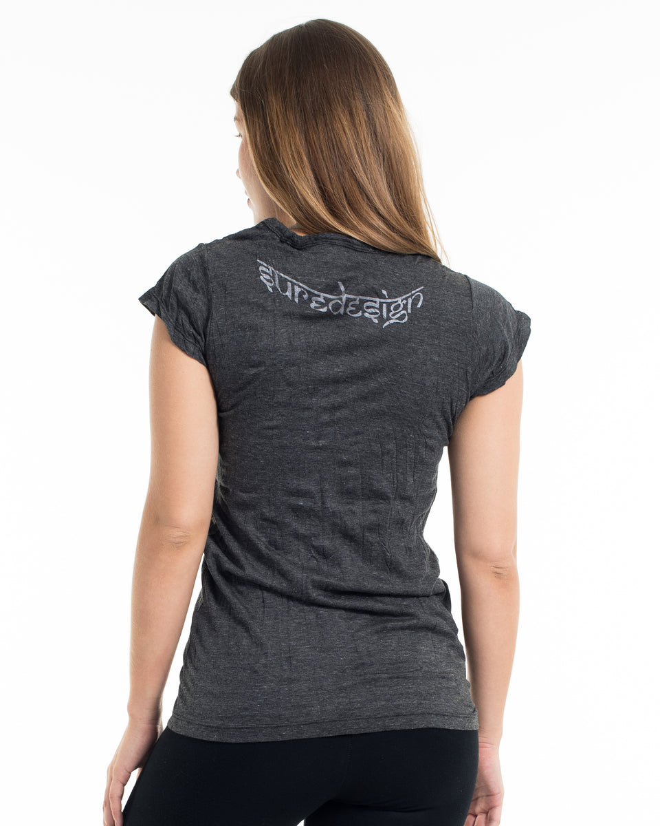 Sure Design Womens Hand of Om T-Shirt in Silver on Black