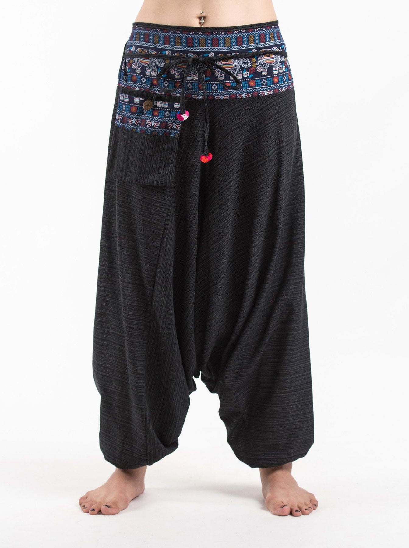 Sure Design Unisex Pinstripe Harem Pants with Elephant Trim in Black