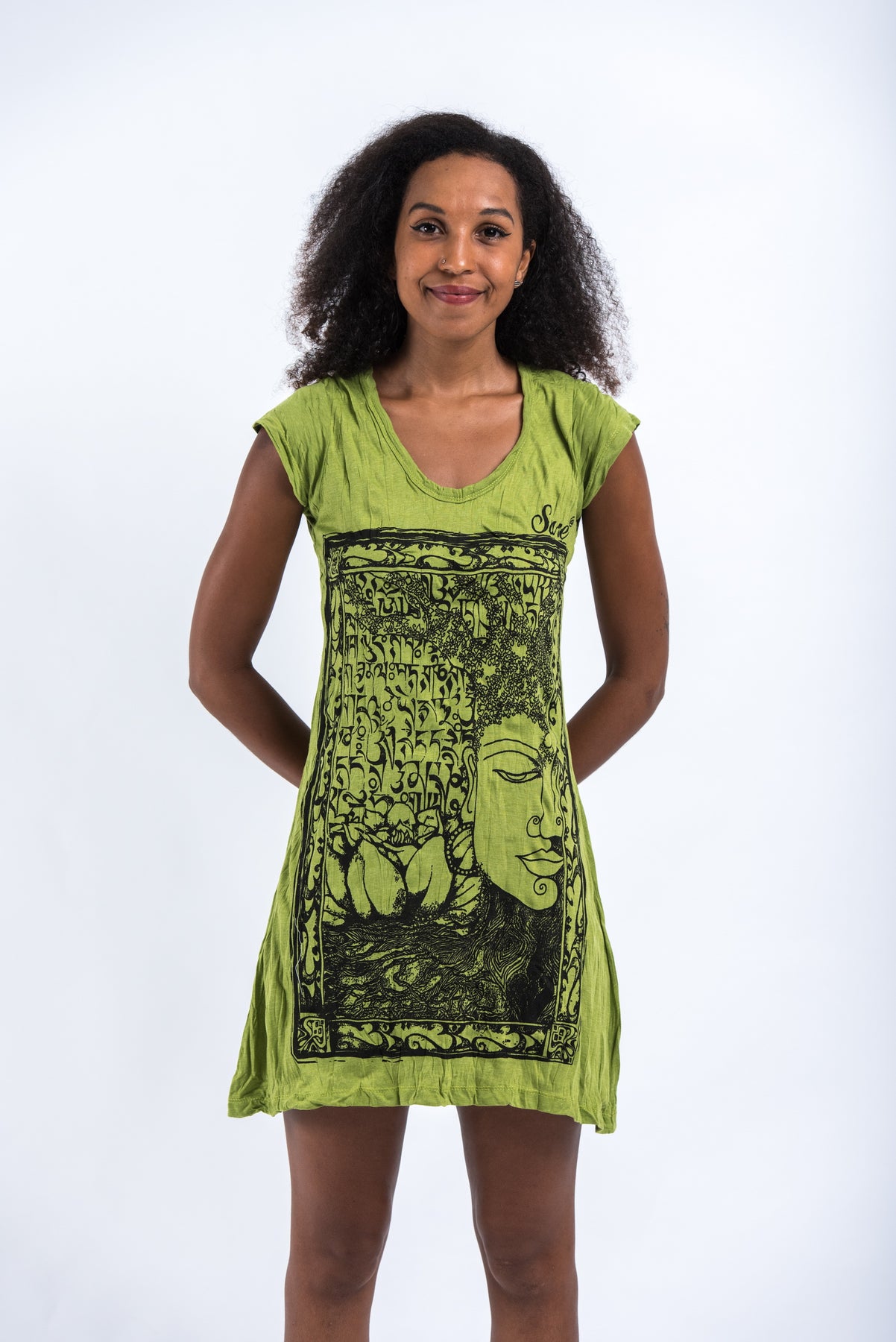 Sure Design Womens Sanskrit Buddha Dress in Lime