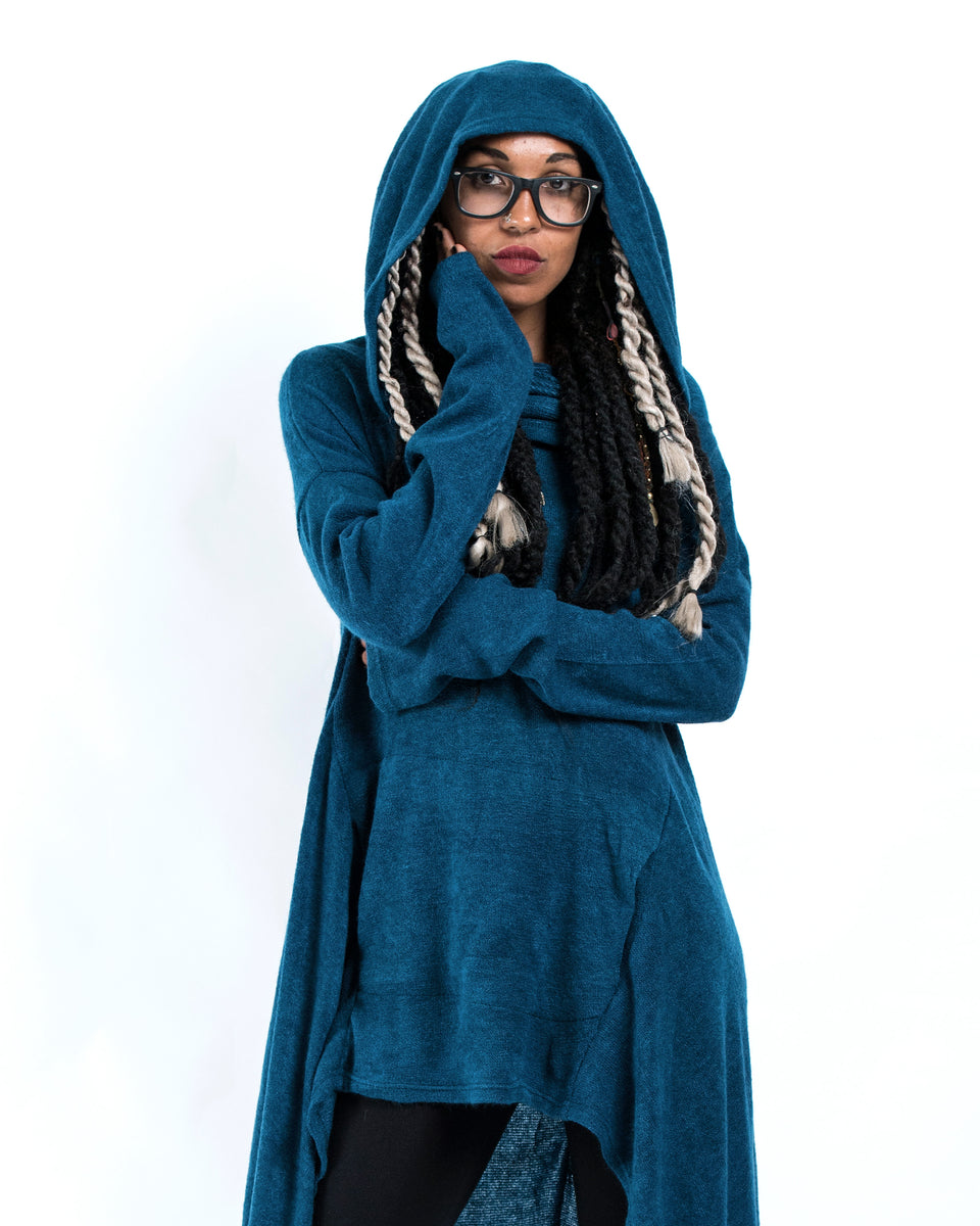 Sure Design Ultra Long Hooded Sweater in Blue