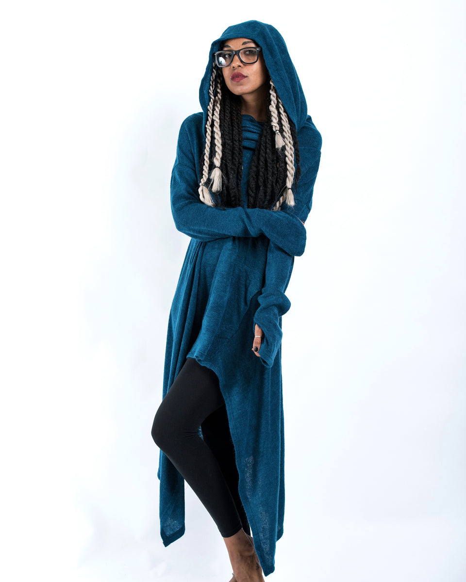 Sure Design Ultra Long Hooded Sweater in Blue
