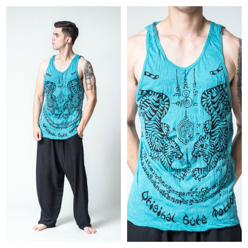 Sure Design Mens Thai Tattoo Tank Top in Turquoise