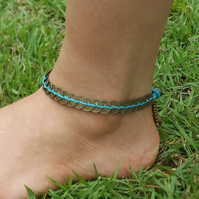 Sure Design Brass Coin Waxed String Anklet in Turquoise
