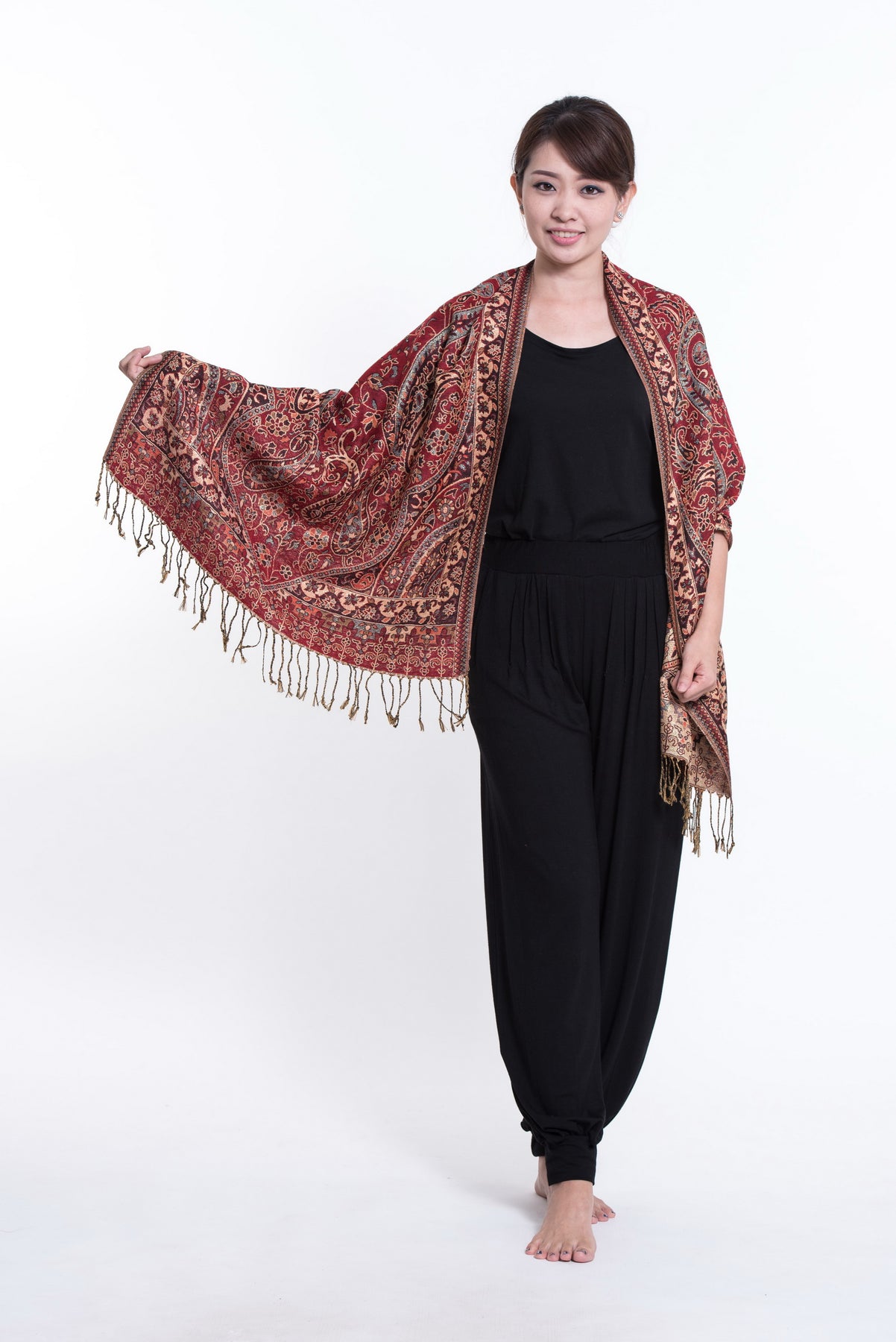 Sure Design Nepal Traditional Paisley Pashmina Shawl Scarf in Red