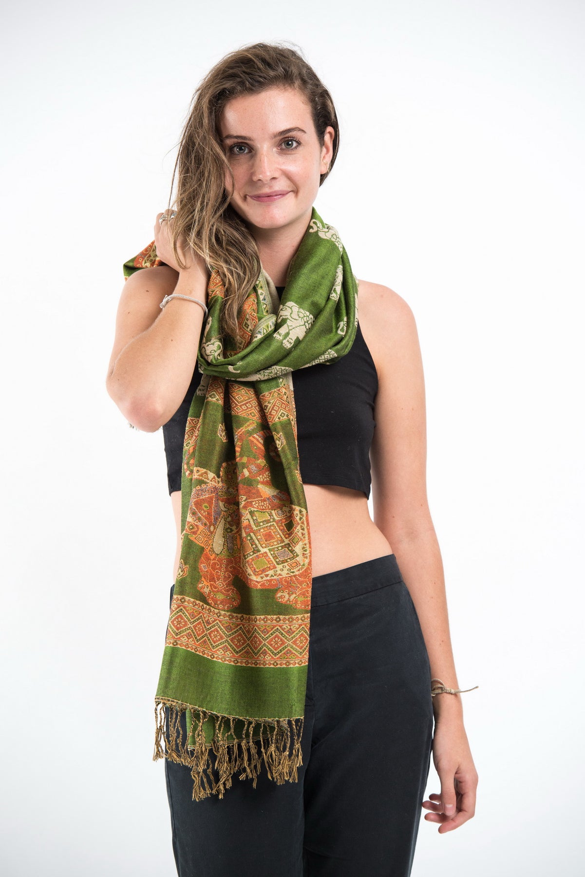 Sure Design Nepal Elephant Pashmina Shawl Scarf in Green