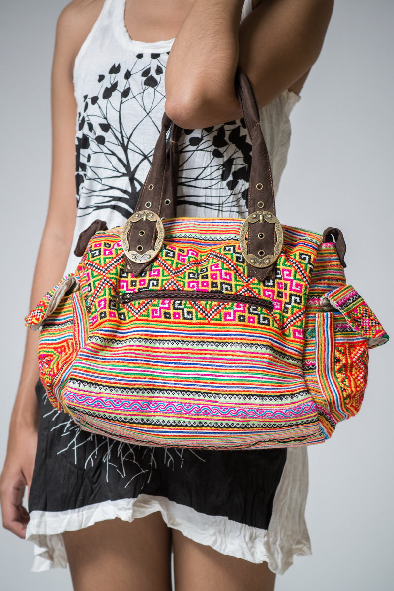 Sure Design Hmong Hill Tribe Classic Embroidered Handbag with Brass buckles