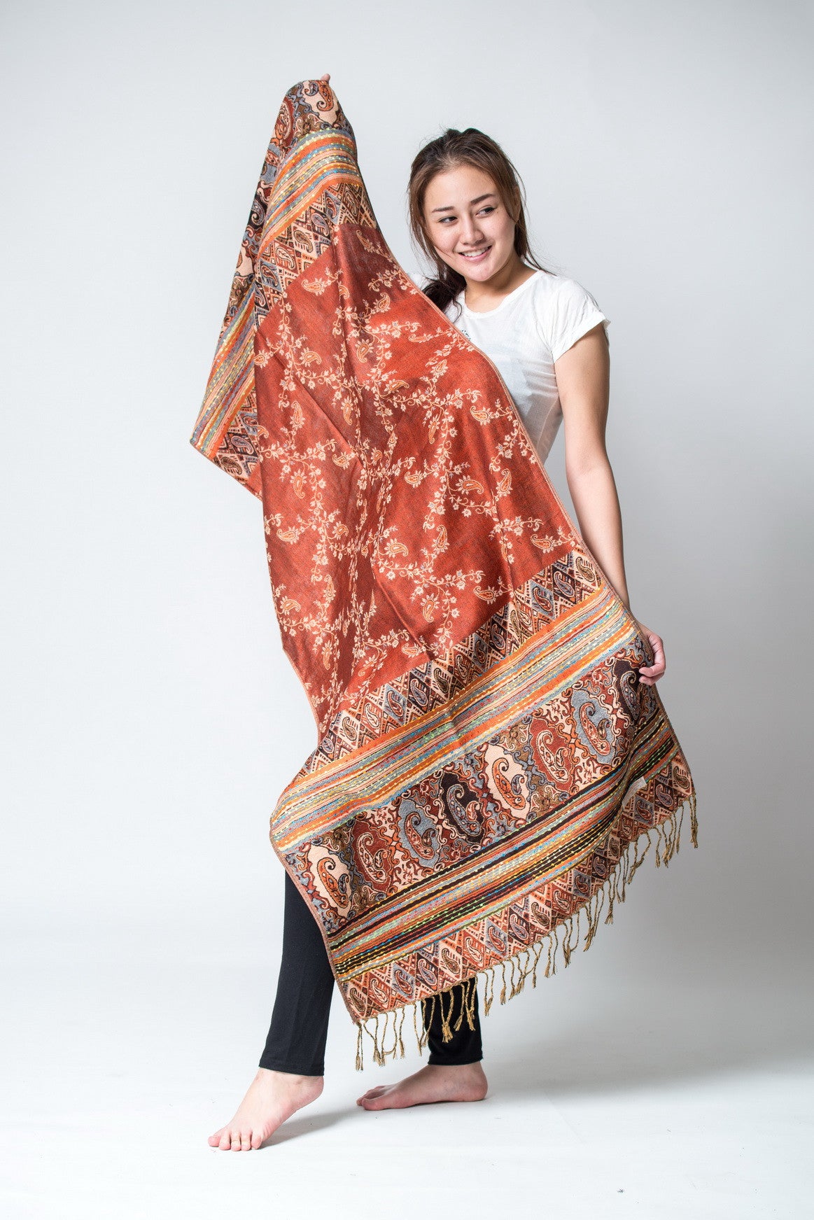 Sure Design Nepal Floral Paisley Pashmina Shawl Scarf in Orange