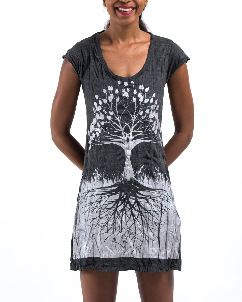 Sure Design Womens Tree of Life Dress in Silver on Black